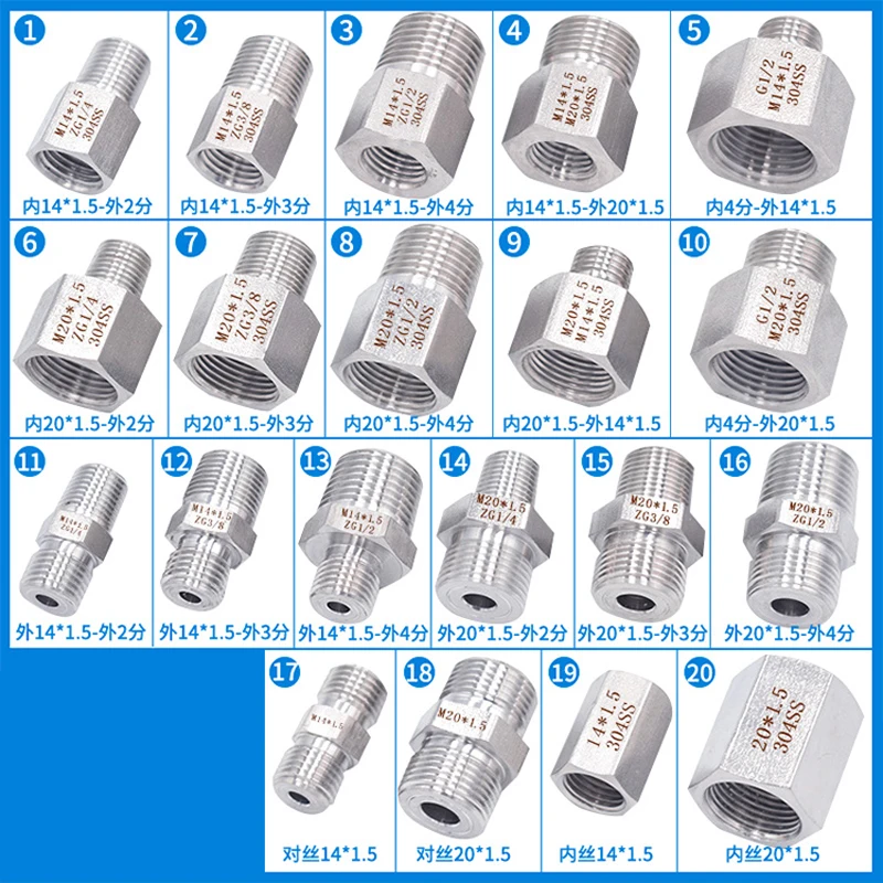 1/4" 3/8" 1/2" BSP M14*1.5 M20*1.5 Metric Female Male Thread 304 ...