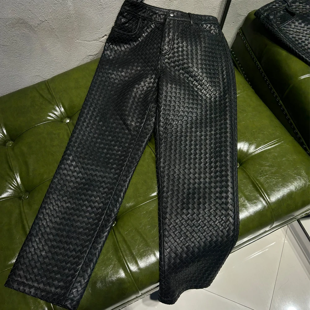 Hand-Woven-Leather-Pants-Custom-Knitted-Leather-Trousers-Autumn-Black ...
