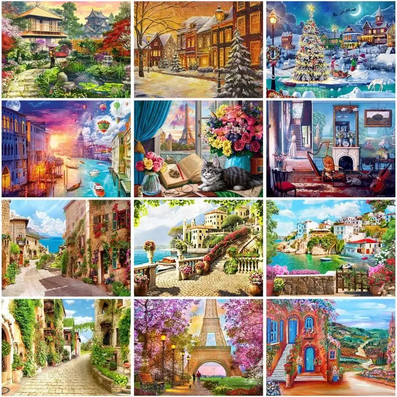 GATYZTORY-Painting-By-Number-House-Landscape-Drawing-On-Canvas-Hand ...