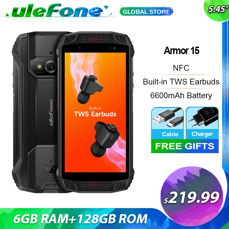 Ulefone Armor 15 6GB+128GB 2.4G/5G WLAN Rugged Phone Android 12 Built-in TWS Earbuds Smartphone ...