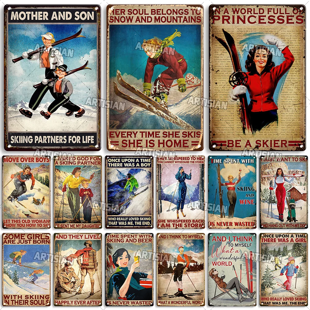 Artisian Skiing Metal Sign Sledding Tin Poster Snowboarding Decorative ...