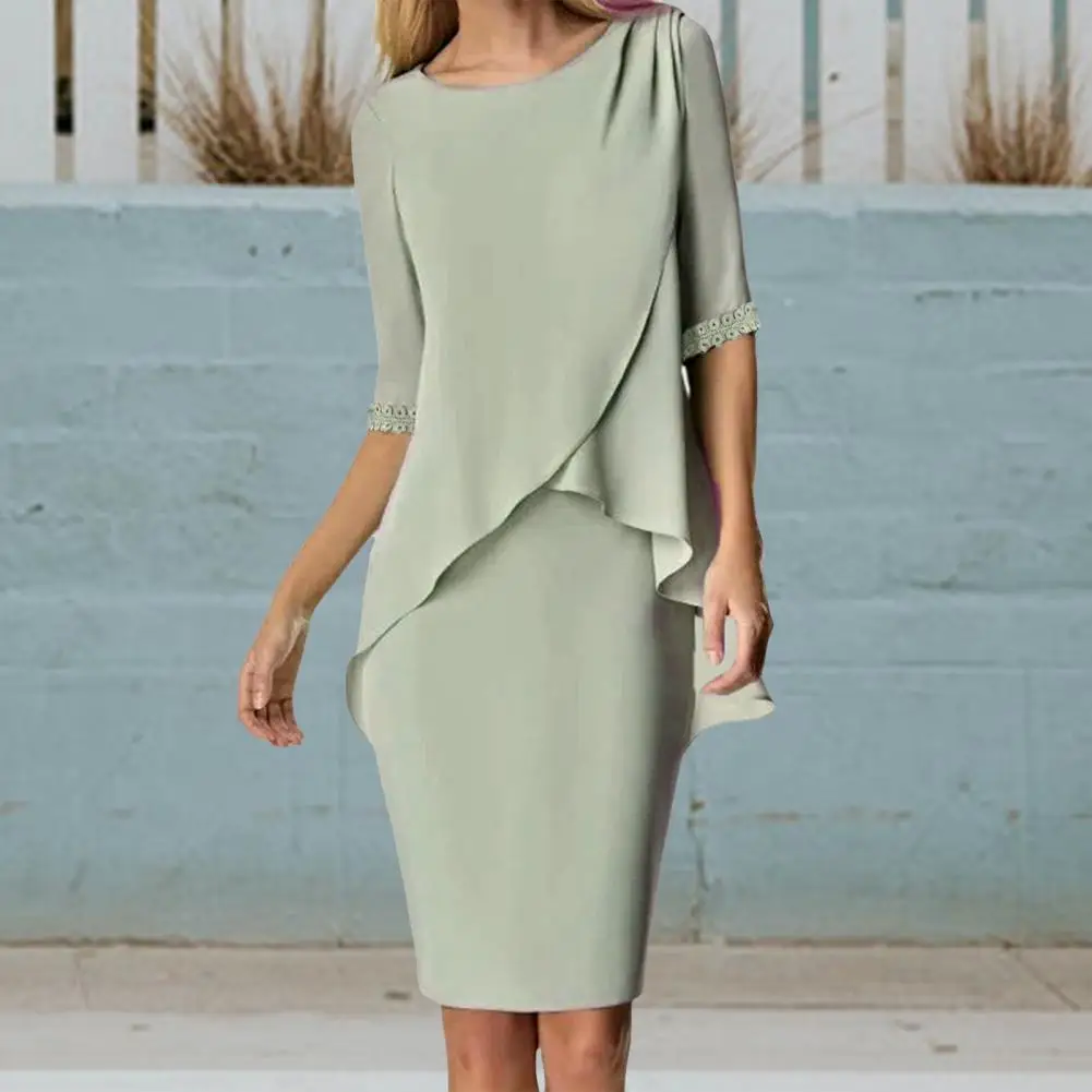 Spring Autumn Women Formal Dress Fake Two Piece Lace Patchwork Half ...