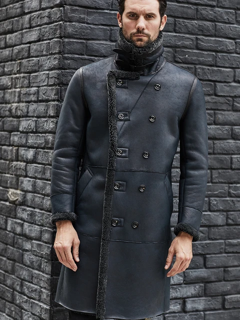 Dark Blue Long Men Shearling Fur Coat Winter Real Sheepskin