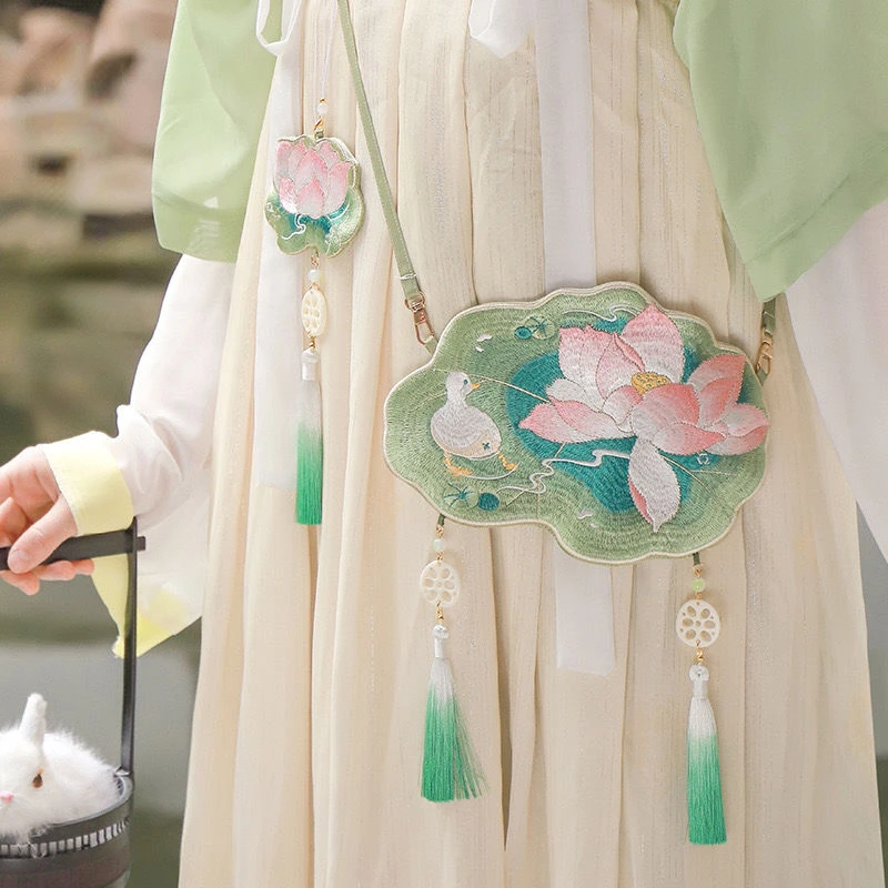 Viintage Chinese Hanfu Bag Ancient Style Messenger Bag Embroidery Lotus ...