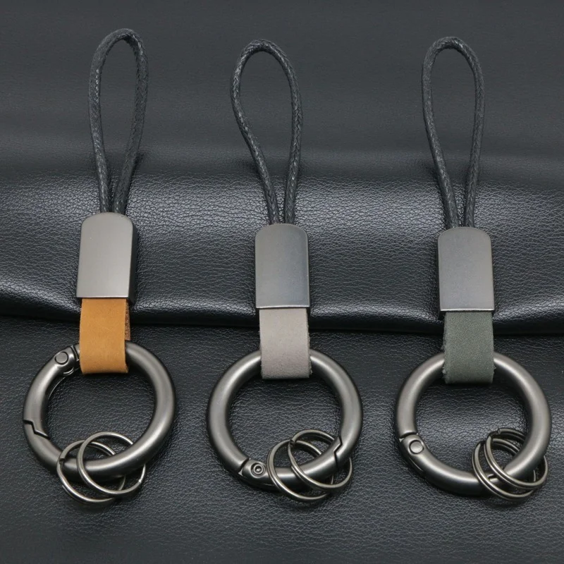 Leather Car Keychain Strap Round Alloy Spring Keyring Accessories Men ...