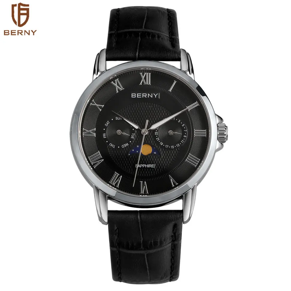 Berny Quartz Watch Men's Day Date Moon Phase&Roman Numeral Scale ...