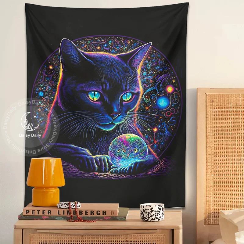 Blacklight Cat Tapestry Trippy Magic Black Cat Looking Into His Crystal ...