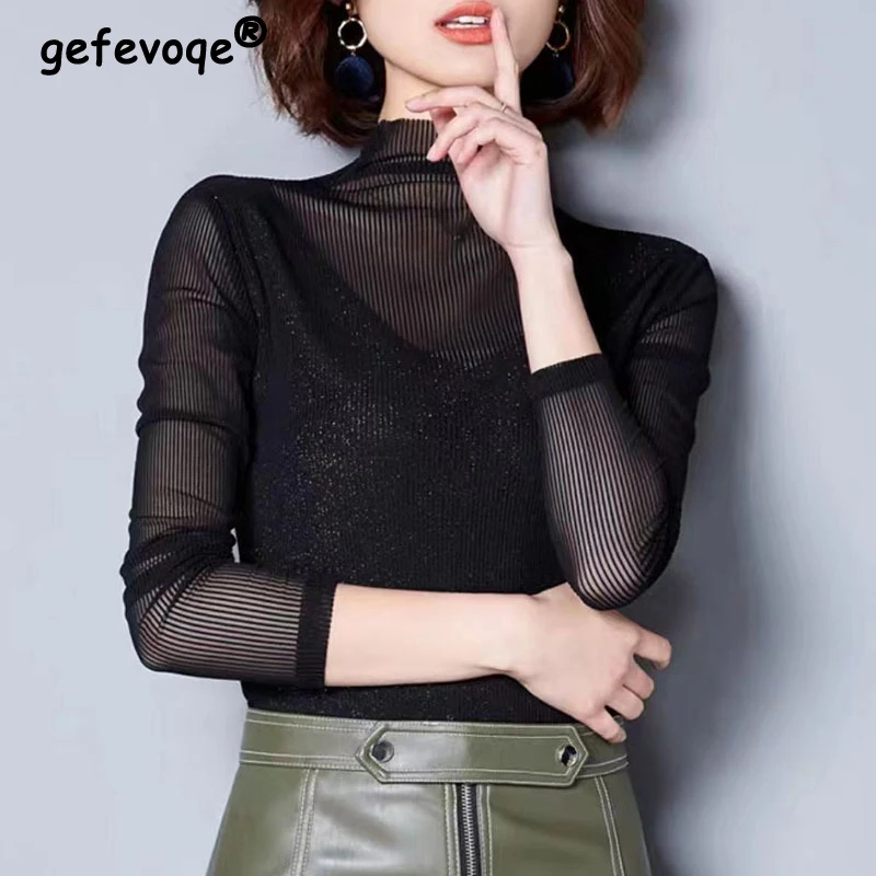 Camisetas-b-sicas-negras-para-mujer-ropa-Sexy-transparente-Cuello-medio ...