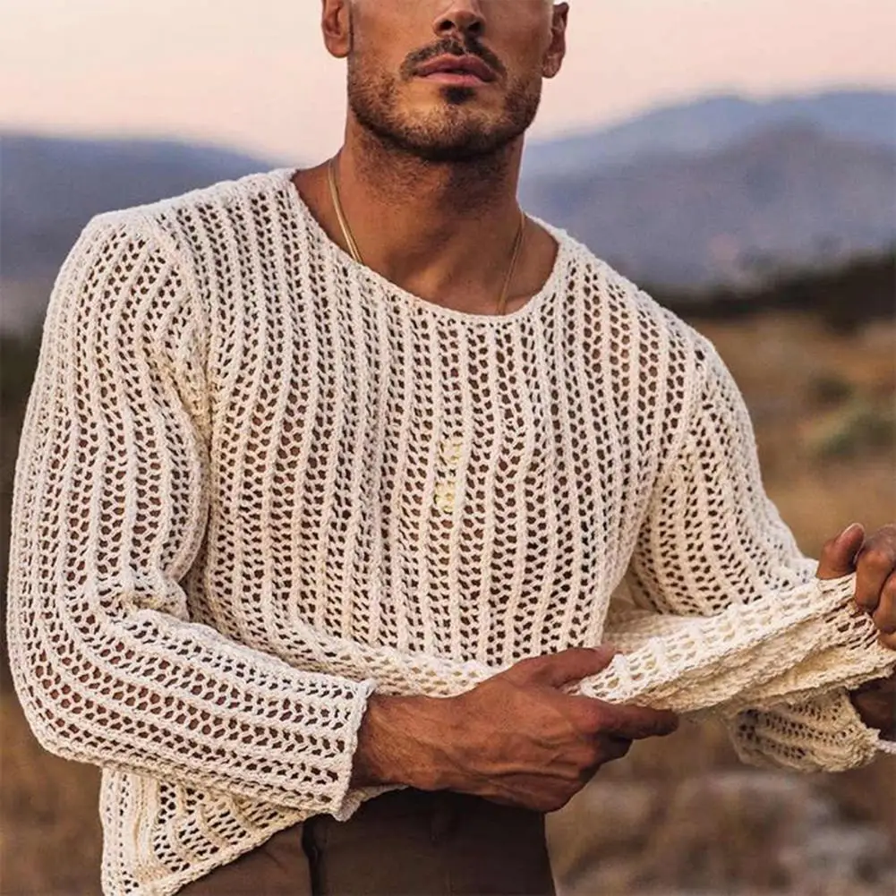 Men Mesh Top See Through Long Sleeves Round Neck Hollow-out Sexy Men ...