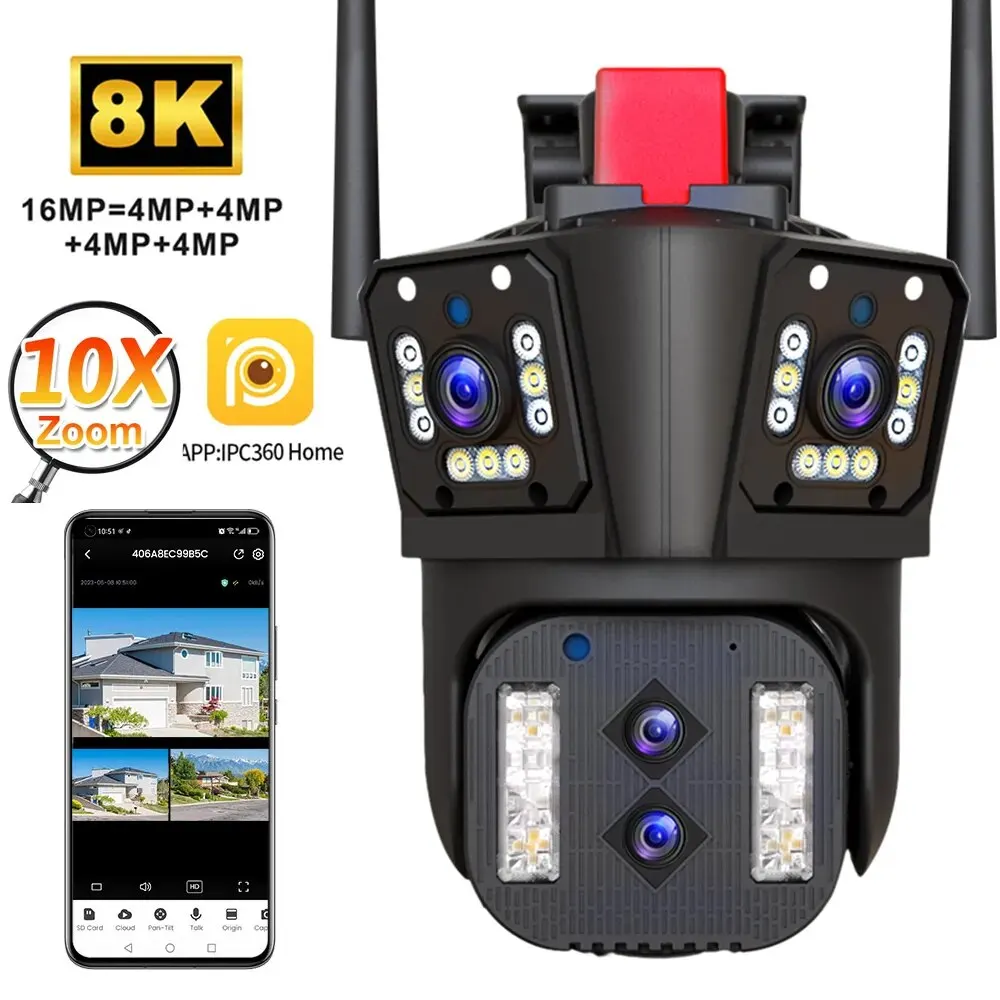 Outdoor 8K 16MP IP Camera WiFi PTZ Multi Lens 4 Lens 10X Optical Zoom Auto Tracking Security ...