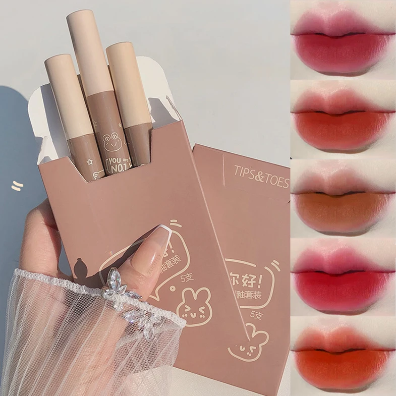 Juego de pintalabios con brillo de labios, 5 unids/caja, marrón oscuro, Castaño mate, tinte de ...