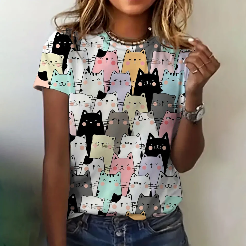 Women-s-T-shirt-3D-Cat-Print-Clothing-Summer-Crew-Neck-Fashion-Short ...