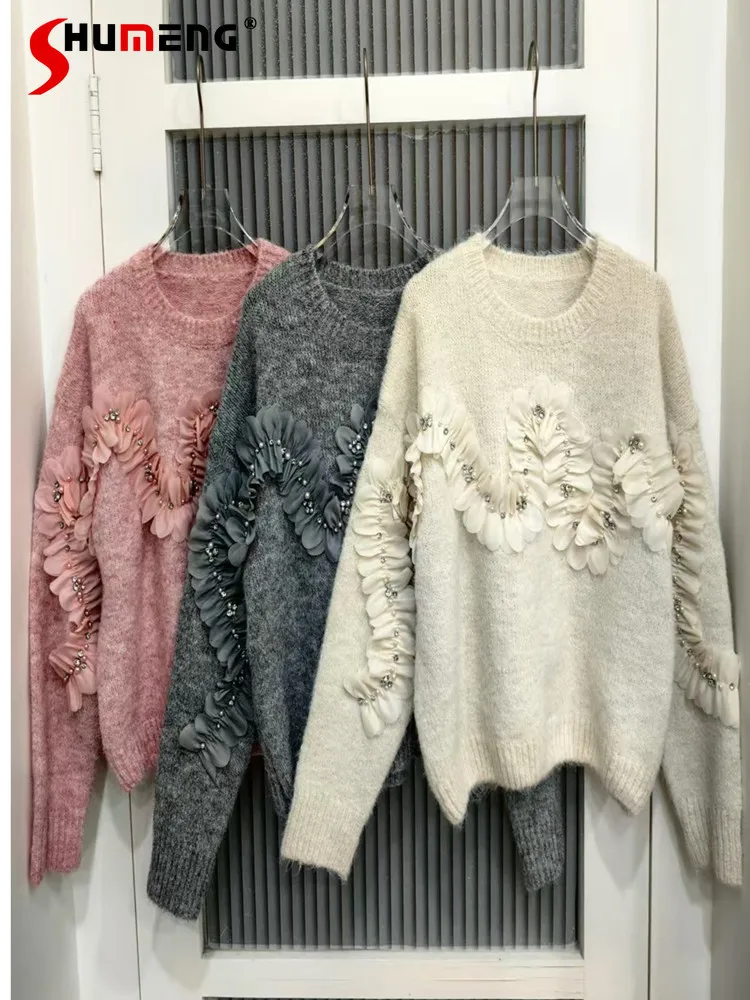 Diamond-encrusted Flower 2024 Autumn Winter Versatile Pullover Sweaters ...