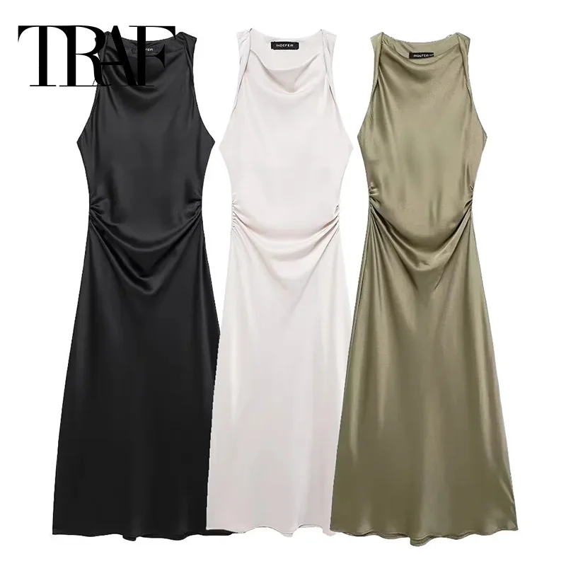 TRAF-Vestido-largo-de-sat-n-negro-para-mujer-sin-hombros-sin-mangas ...