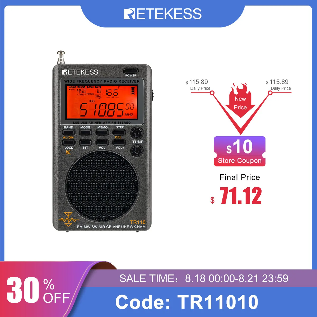 Retekess ポータブルデジタルラジオ,fm/mw/sw/ssb/lsb/air/cb/vhf/uf/ubd,フルバンドラジオ,ステレオ ...