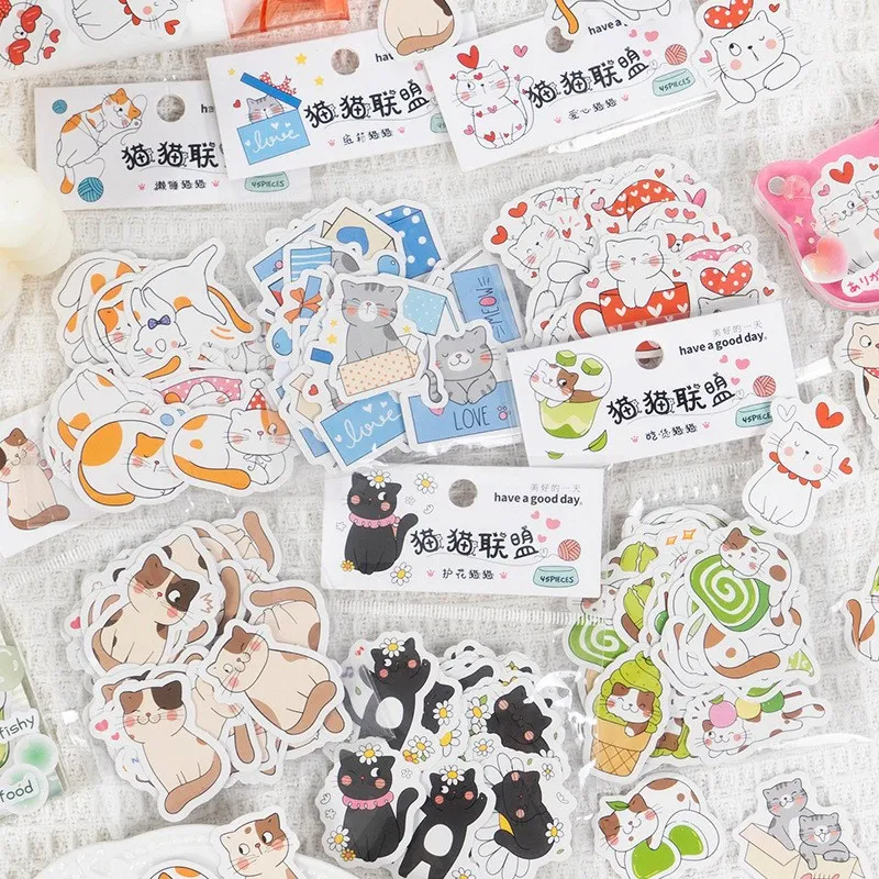 45-pcs-Cat-Theme-Stickers-Decoration-Cute-Cats-Stickers-Self-Adhesive ...