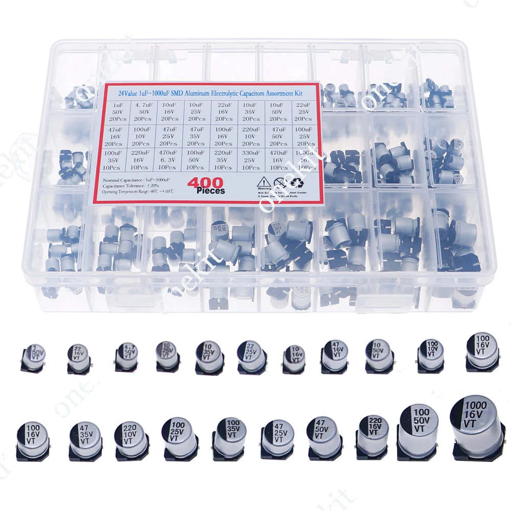 400pcs 24 Values 16V-50V 1uF-1000uF SMD Aluminum Electrolytic Capacitor ...