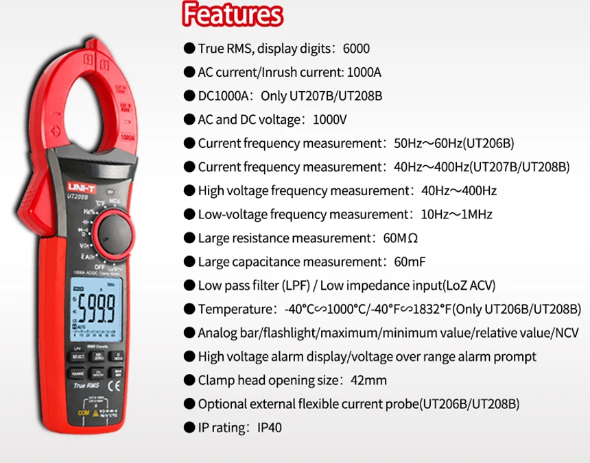 UNI-T UT206B/UT207B/UT208B Clamp Meter VFC Electrical Instruments AC/DC ...