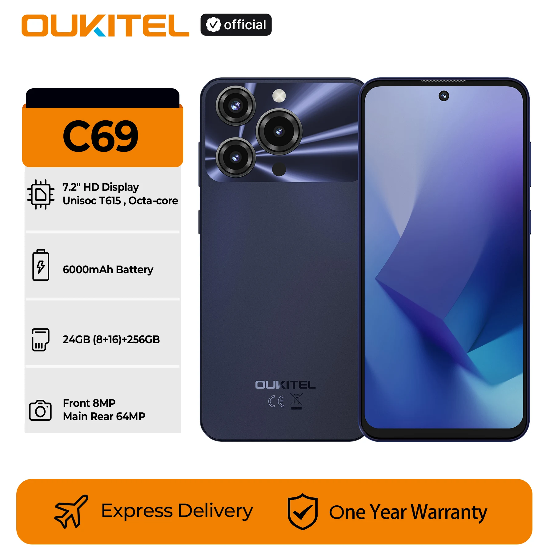 OUKITEL C69 Smartphone 6000mAh, 7.2” HD+ Large Screen 24GB(8+16)+256GB ...