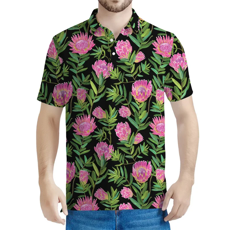 Protea-Flower-Pattern-Polo-Shirts-For-Men-3D-Printed-Floral-Tees-Casual ...