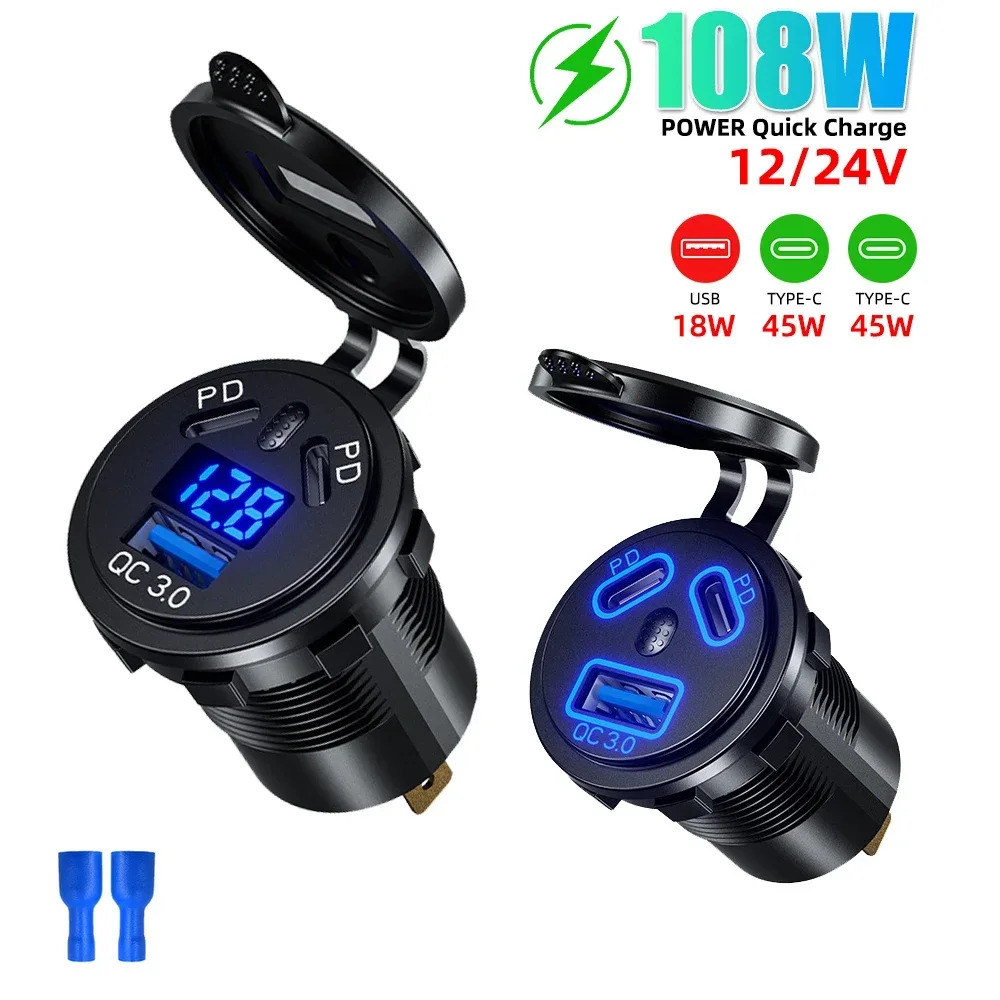 12V-24V-USB-Outlet-108W-3-Ports-Car-Charger-Socket-Dual-45W-PD-Type-C ...