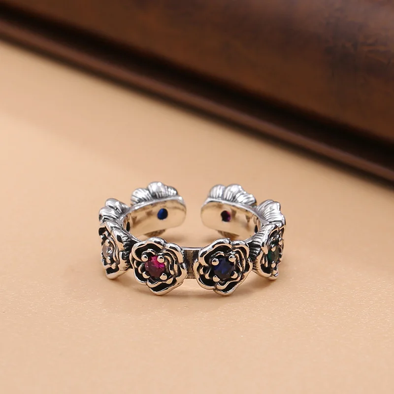Original-S925-Sterling-Silver-roSe-ring-for-women-retro-diStreSSed ...