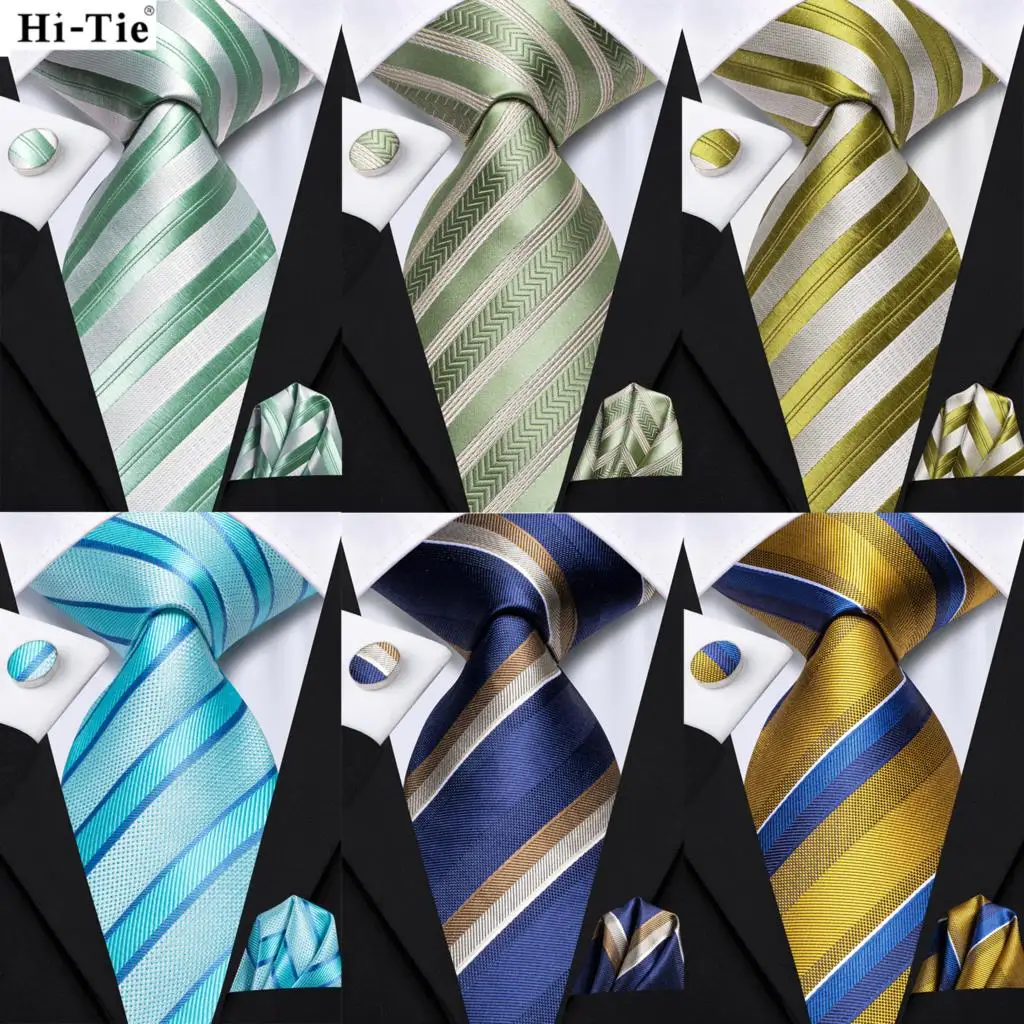 Hi-Tie Striped Sage Green Mens Fashion Necktie Handkerchief Cufflinks ...