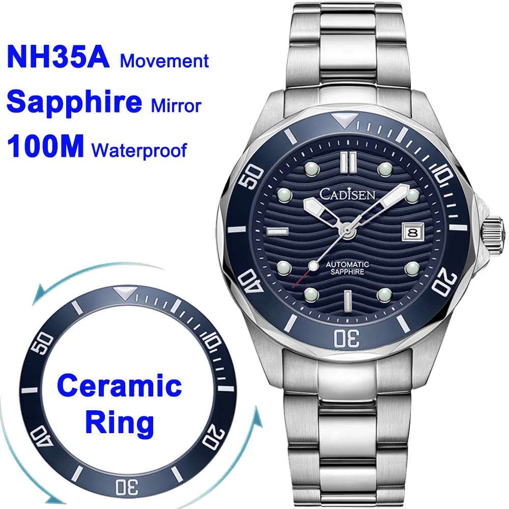 캐디센 남성용 기계식 시계, 세이코 NH35A 무브먼트, 자동 시계, 사파이어 크리스탈, 100M 방수 다이빙 손목시계 ...
