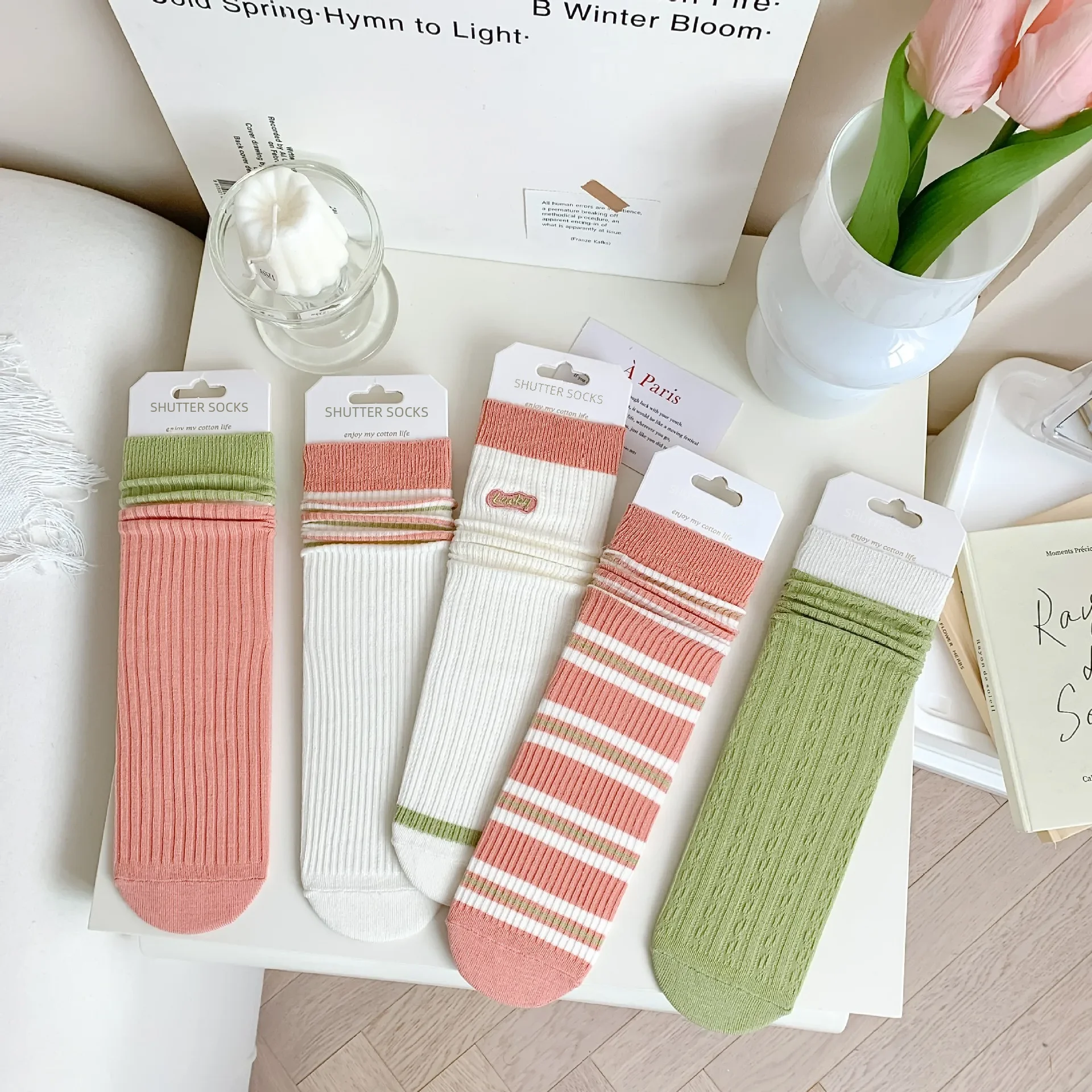 Spring-Season-Women-Cotton-Socks-Pink-Green-Striped-Solid-Color-Cute ...