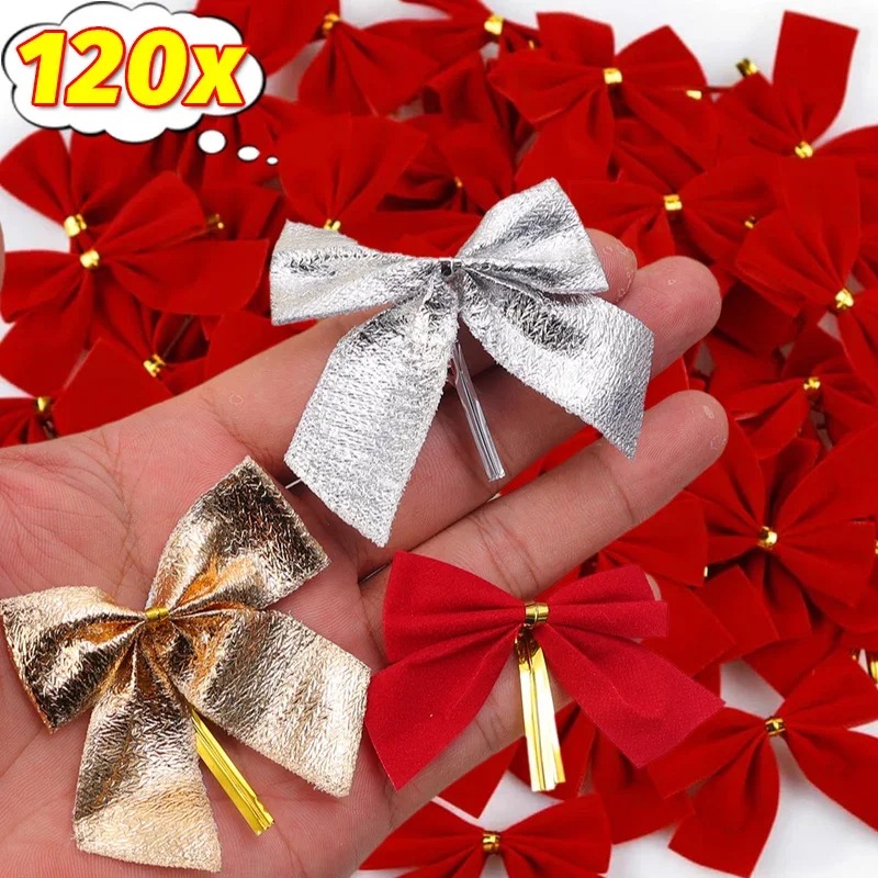 120/12pcs Mini Christmas Bow Ornaments Red Gold Xmas Tree Hanging ...