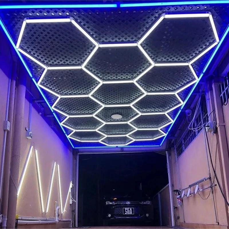 Customized-Blue-Frame-Colored-Led-Hexagonal-Garage-Ceiling-Light-Auto ...