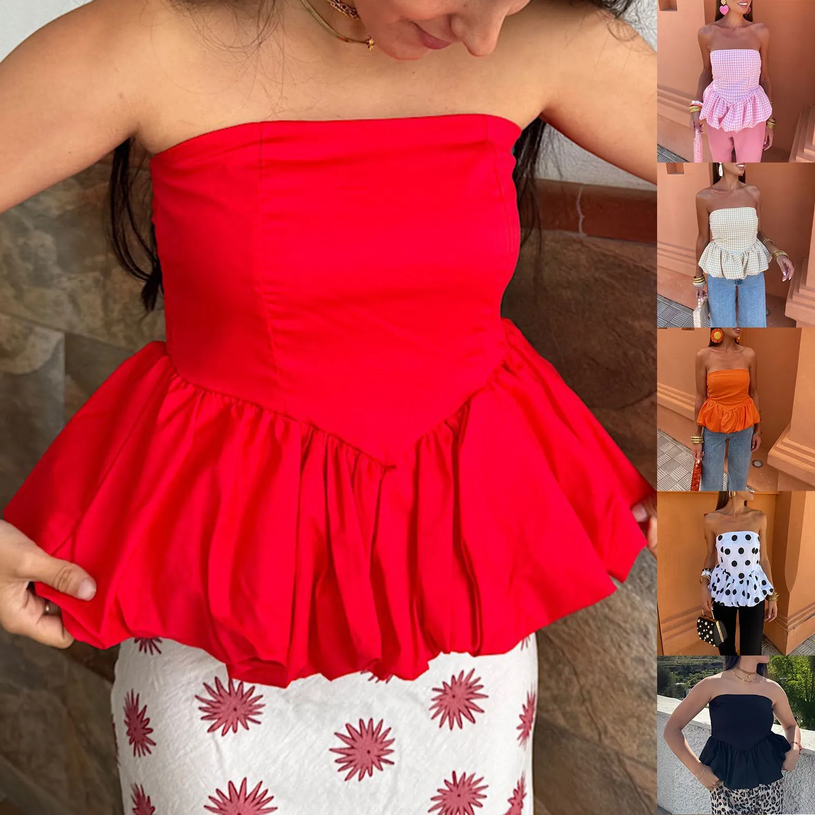 Women-Peplum-Tube-Top-Strapless-Bubble-Ruffle-Hem-Bandeau-Shirts-100 ...