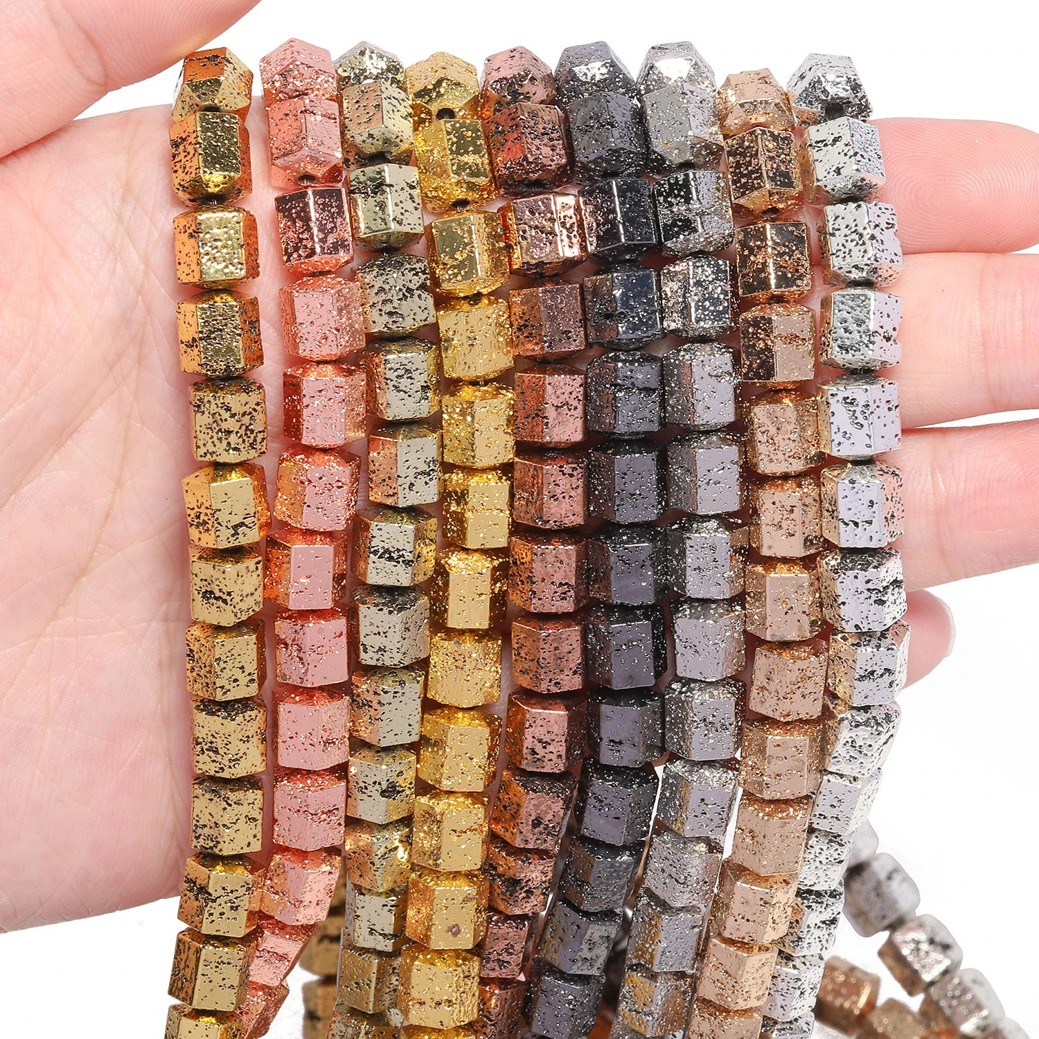 Faceted Column Golden Plated Volcanic Lava Natural Stone Loose Spacer ...