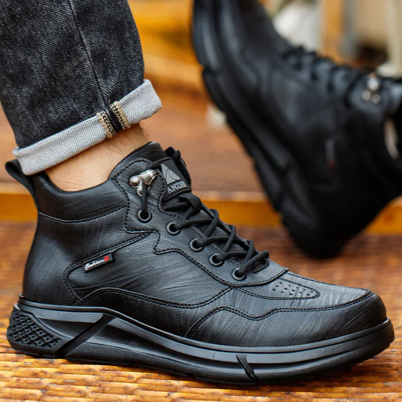 Black Leather Waterproof Safety Work Shoes Men Steel Toe Office Boots ...