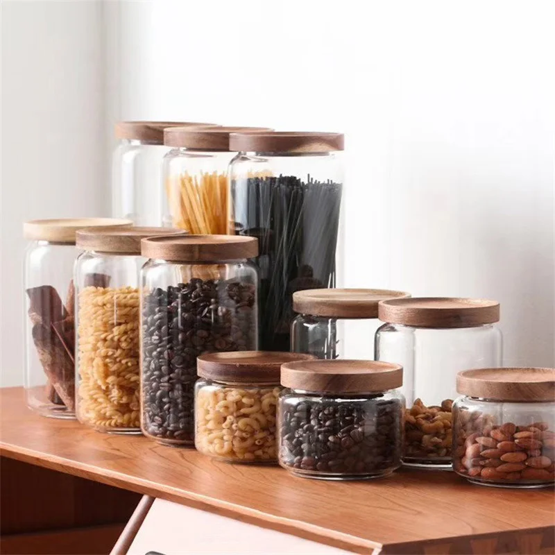 뚜껑이 있는 유리 병 시리얼 디스펜서 둥근 밀봉 병 차 커피 콩 투명 유리 보관 상자 디스펜서 홀더 유리 용기 뚜껑 포함