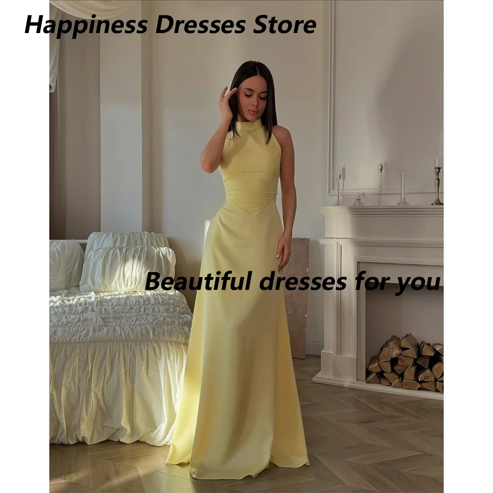 Yellow Evening Dress Sleeveless High Collar Modest Evening Gowns for ...