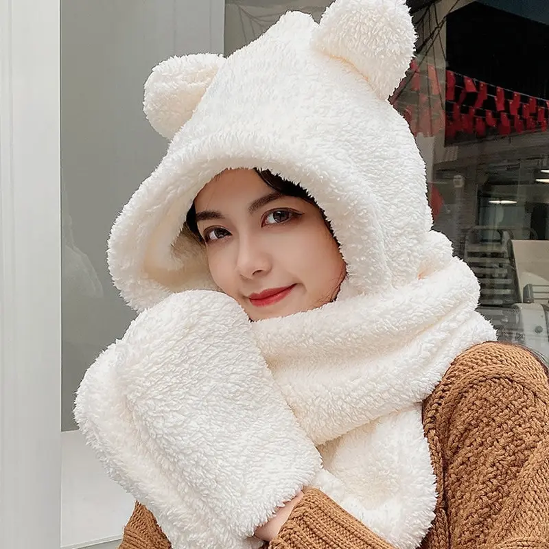 귀여운 곰 귀 모자 스카프 장갑 세트 겨울 여성 비니 모자 따뜻한 캐주얼 봉제 모자 캐주얼 솔리드 플리스 소녀 카와이