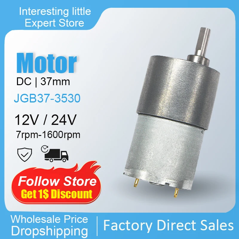 JGB37-3530 12/24v DC Gear Motor 37mm All Metal Gear Box 7RPM-1600 rpm ...
