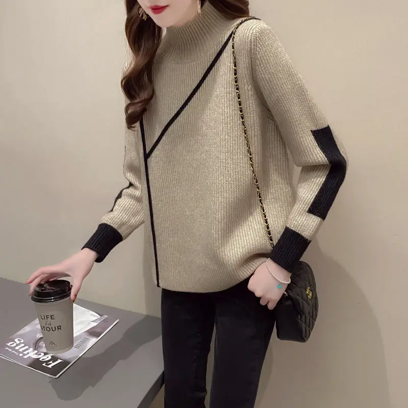Women's Half High Neck Striped Fashion Sweater Autumn and Winter Loose ...