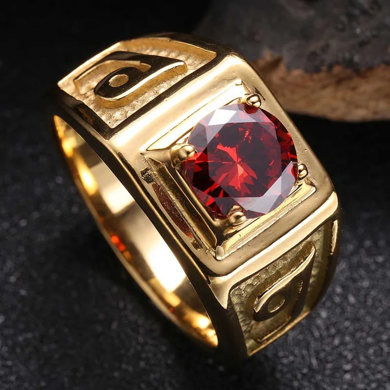 Gold-Color-Red-Zircon-Stainless-Steel-Male-Ring-Punk-Rock-Rings-for-Men ...