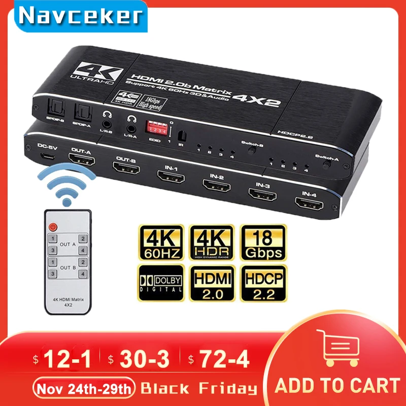2020 4k@60hz Hdmi Matrix 4x2 Switch Splitter Support Hdcp 2.2 Ir Remote ...
