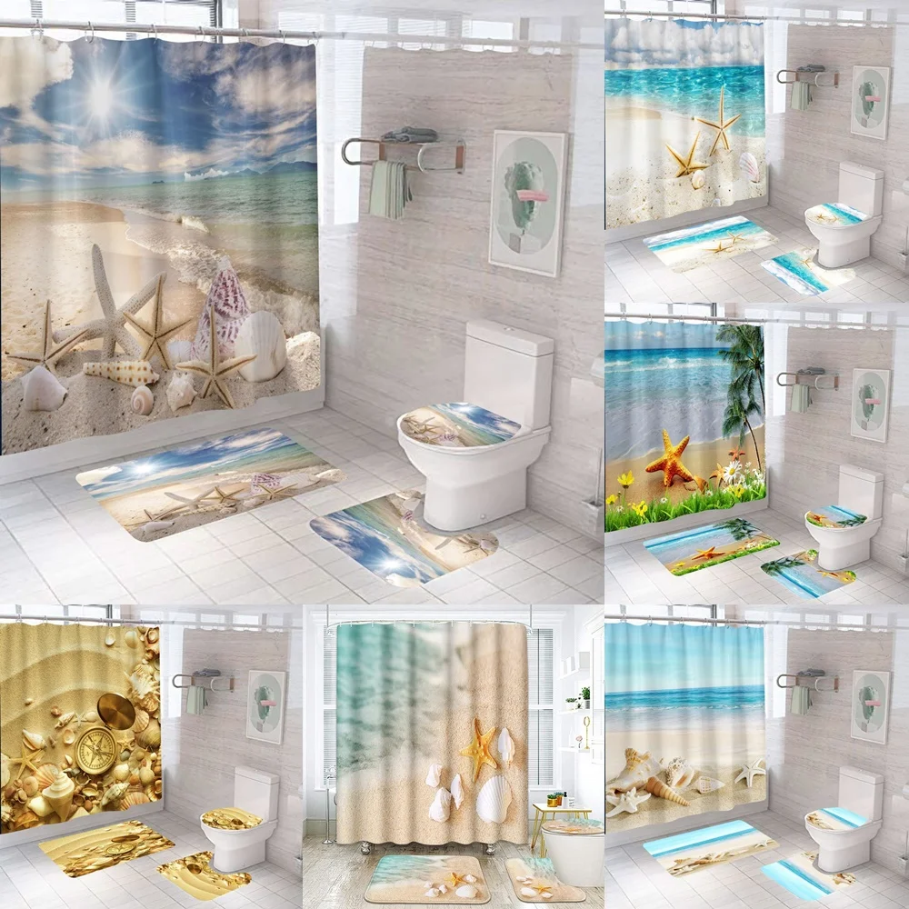 Starfish Shower Curtain Set Beach Seashell Coastal Conch Sea Wave Rock ...