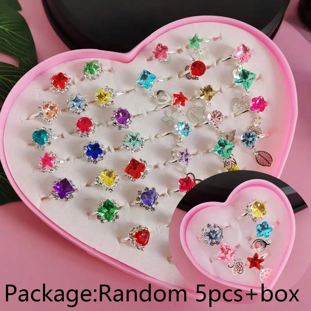 5pcs-Box-Zircon-Rings-For-Girls-Kids-Child-Jewelry-Adjustable-Little ...