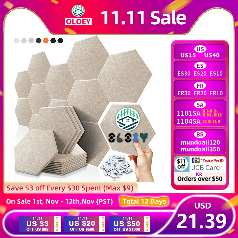 Hexagon 12 Pcs Sound Absorbing Panels Acoustic Wall Absorcion For Home ...
