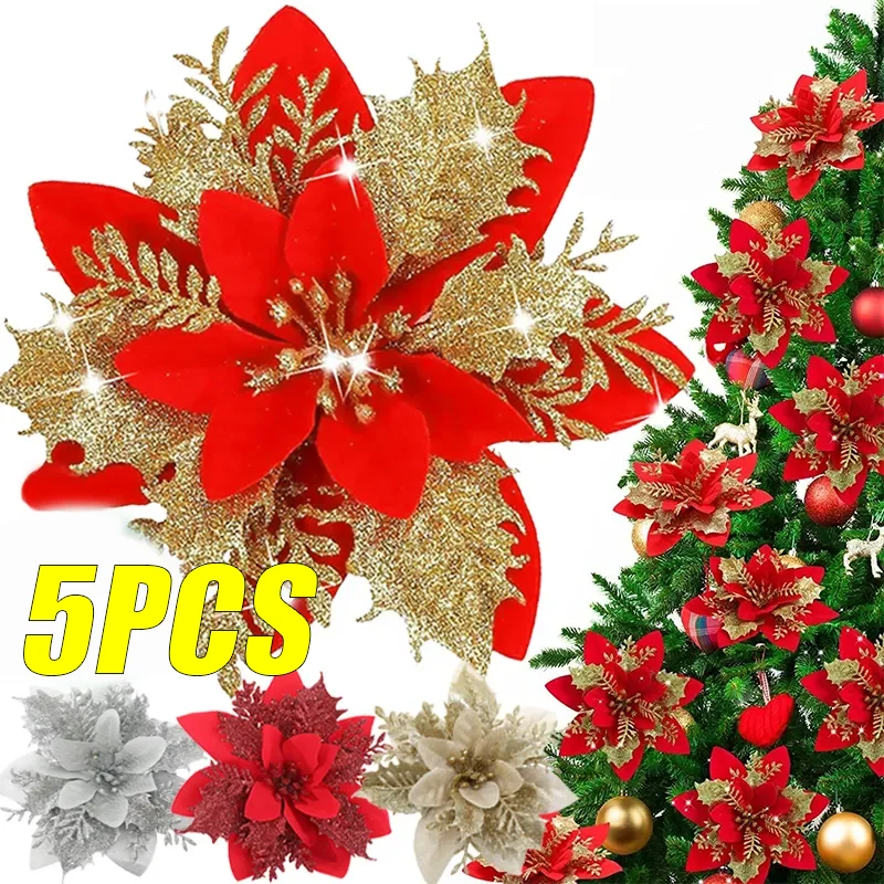5PCS Christmas Flowers Christmas Glitter Artificial Flowers Christmas ...