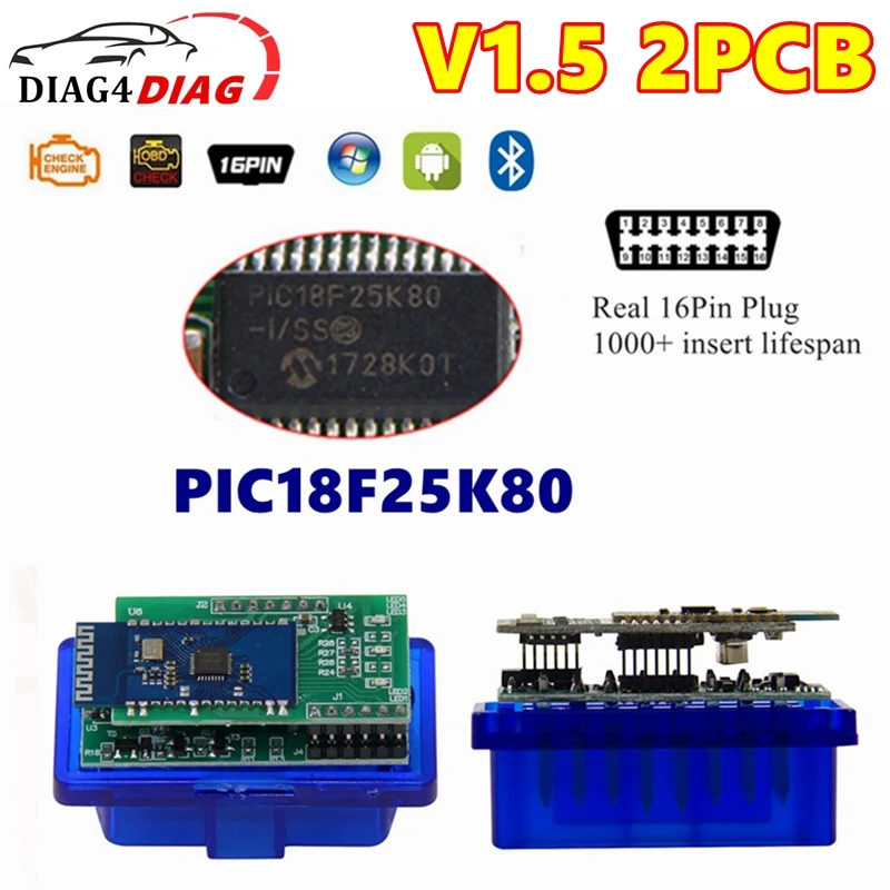 Dual Double 2PCB PIC18F25K80 chip Firmware 1.5 ELM327 V1.5 OBD2 Scanner BT Car Diagnostic Tool ...