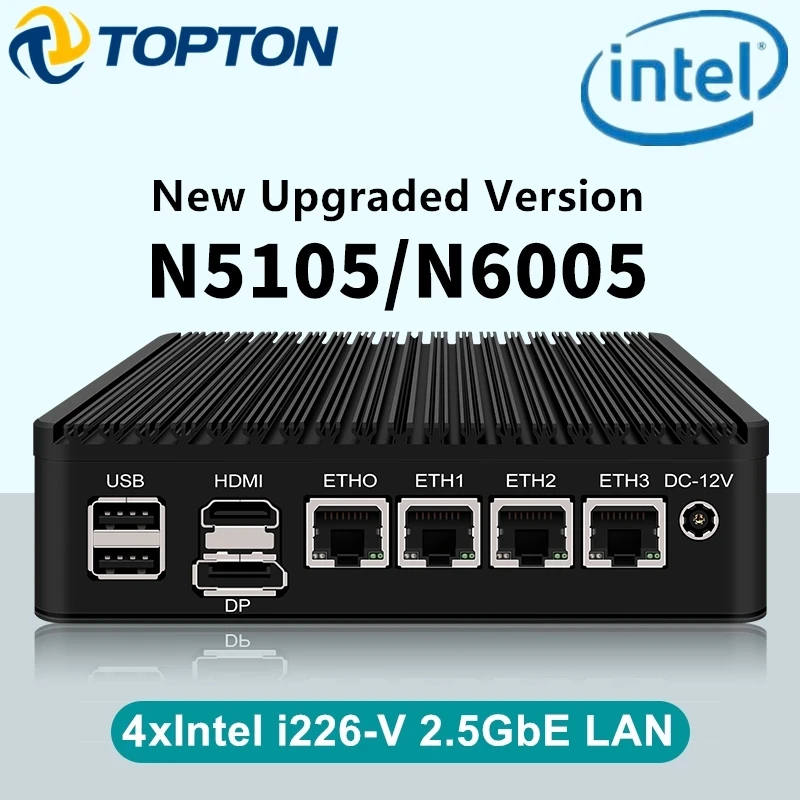 Fanless Mini PC 4 Intel i226 V 2.5Gb LAN N6005 N5105 2*NVMe TPM2.0 ...