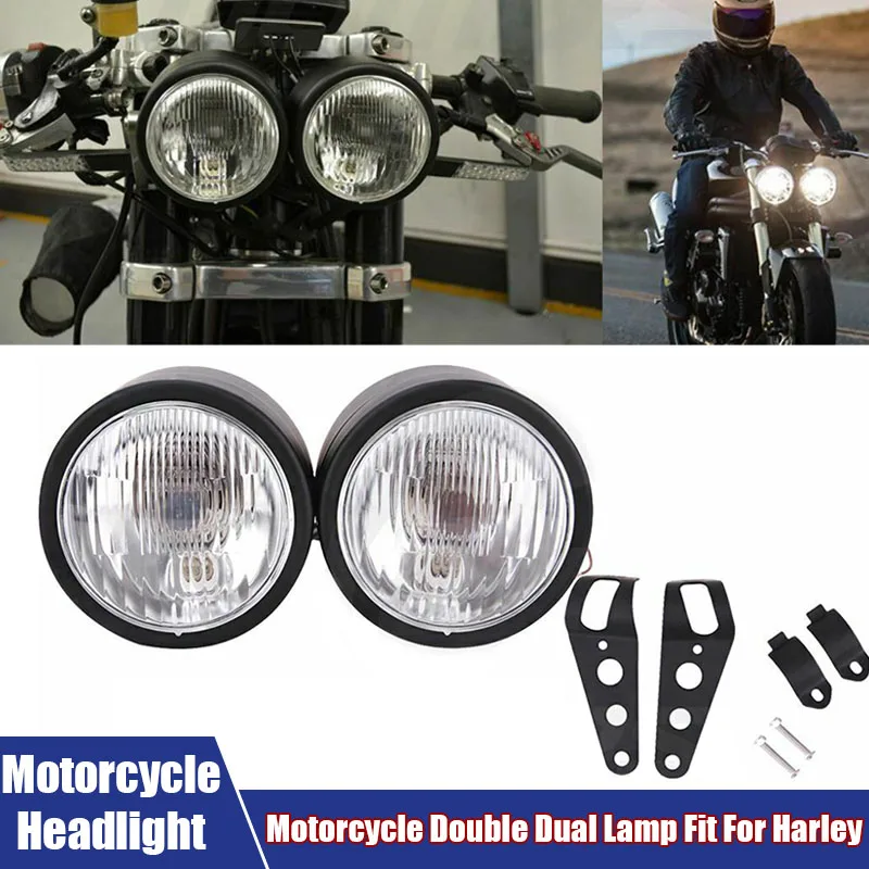 Universal-Motorcycle-Twin-Headlight-Double-Dual-Lamp-With-Bracket-For ...