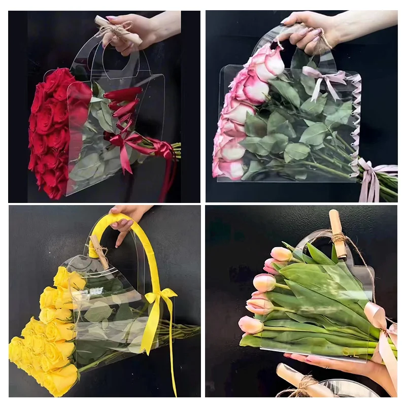 1-12PCS-Transparent-Flower-Box-with-Handle-Portable-Flower-Packing-Bags ...