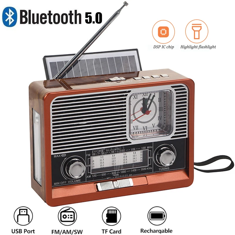 Portable Retro Radio FM/AM/SW1-6 Radio Receiver Bluetooth Speaker Solar ...